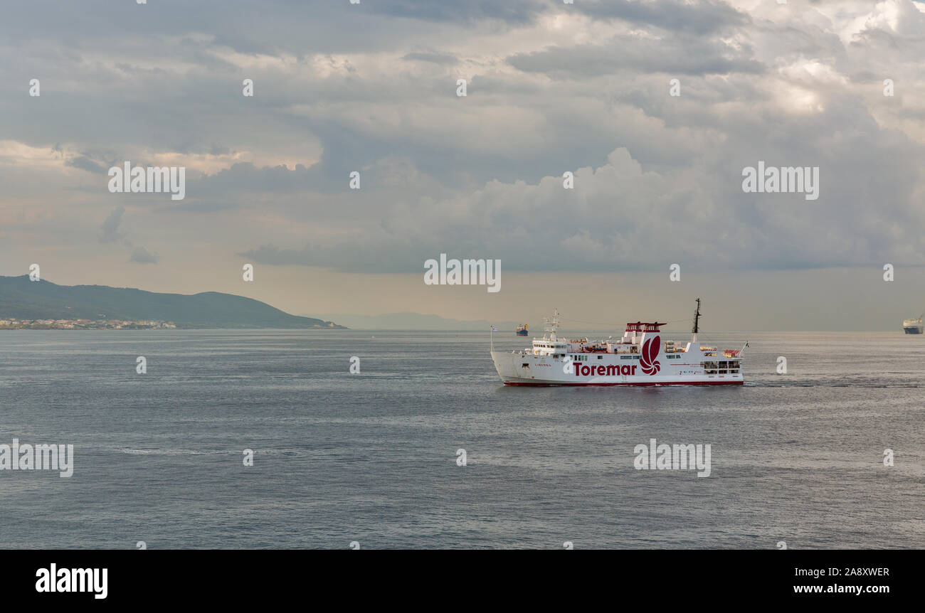 LIVORNO, ITALY - JULY 12, 2019: Liburna Toremar ferry ship sailing in ...