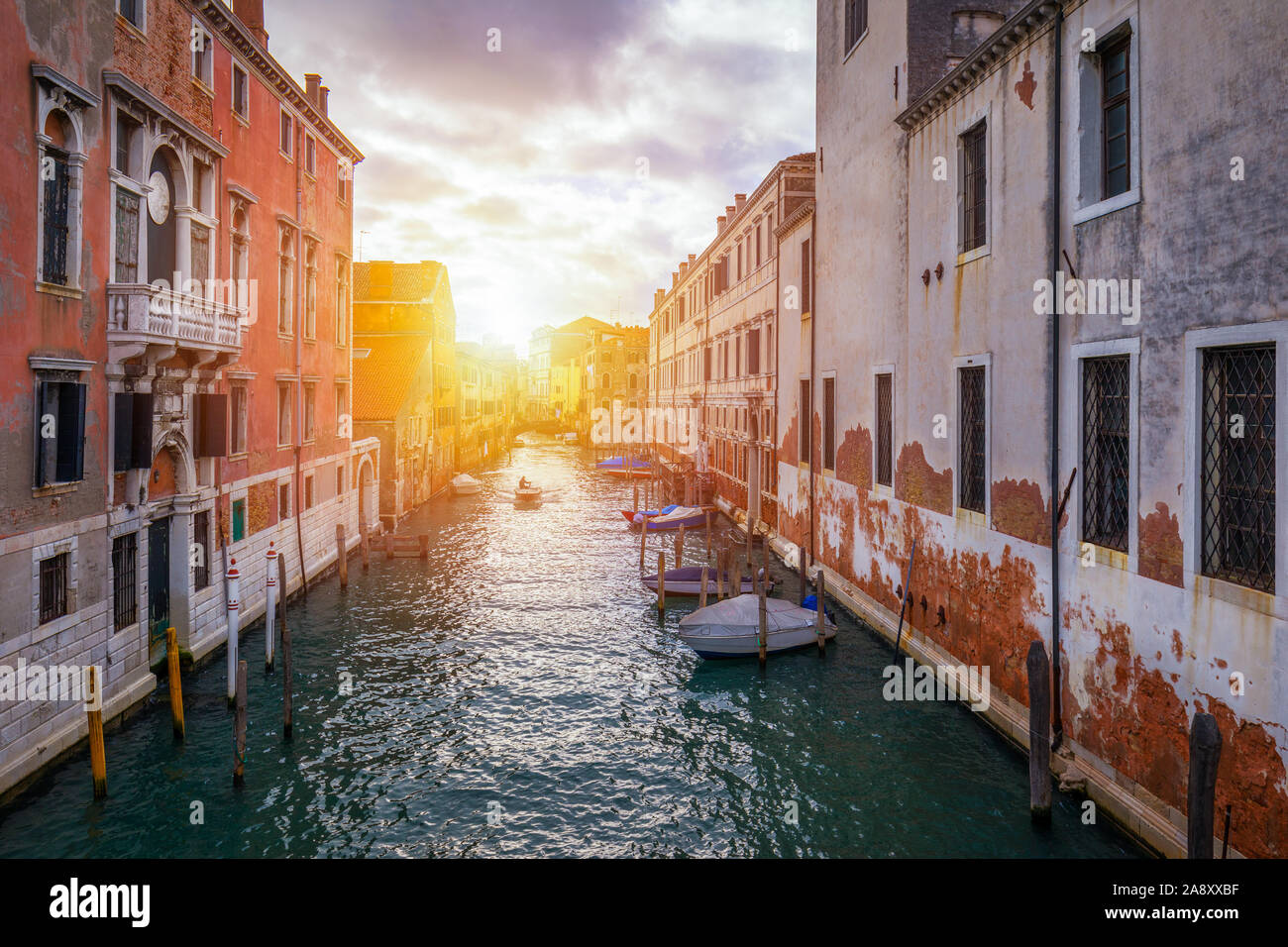 View of the street canal in Venice, Italy. Colorful facades of old ...