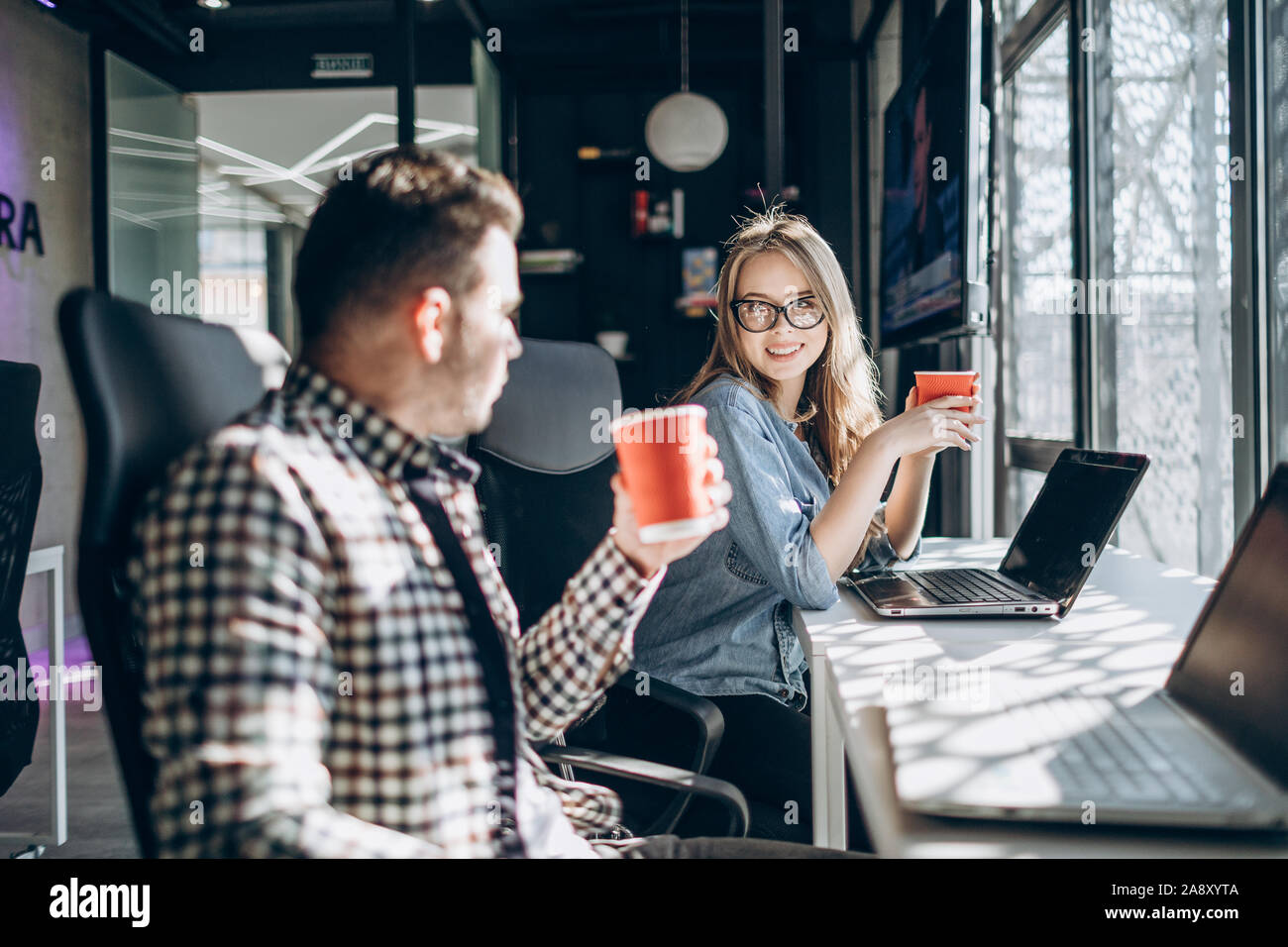 Office Colleagues Having Morning Coffee Stock Photo - Alamy