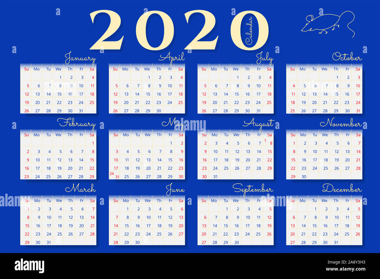 Wall calendar of 2020 year on blue background. Sunday and Saturday is ...