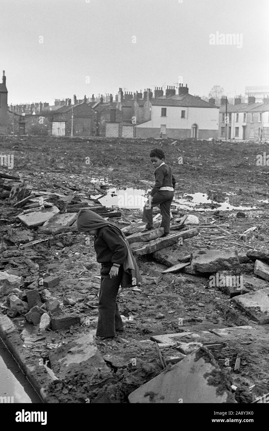 Children playing where old terraced houses have been demolished to make ...