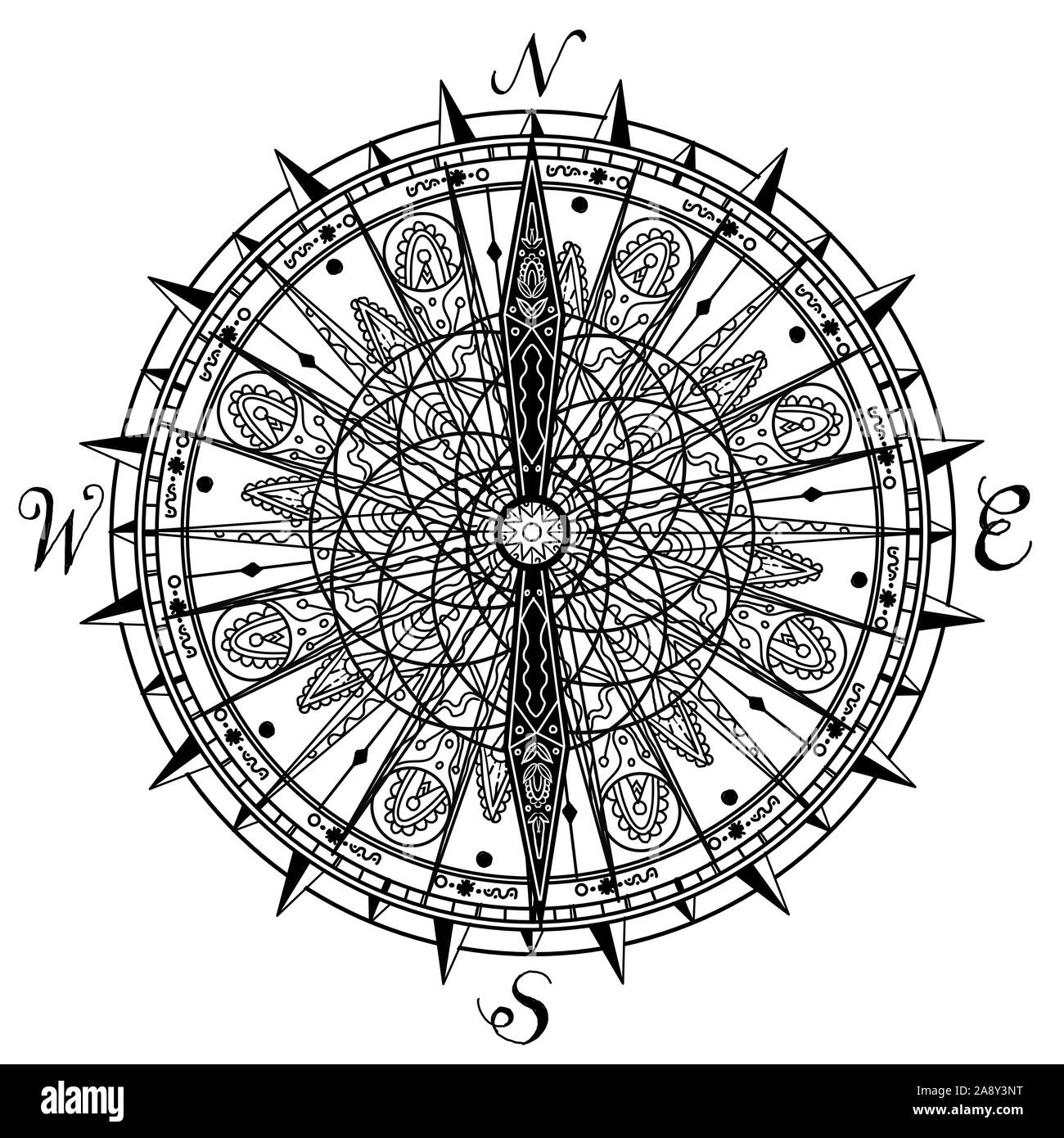 Mandala style illustration of a vintage compass with needle pointing to ...
