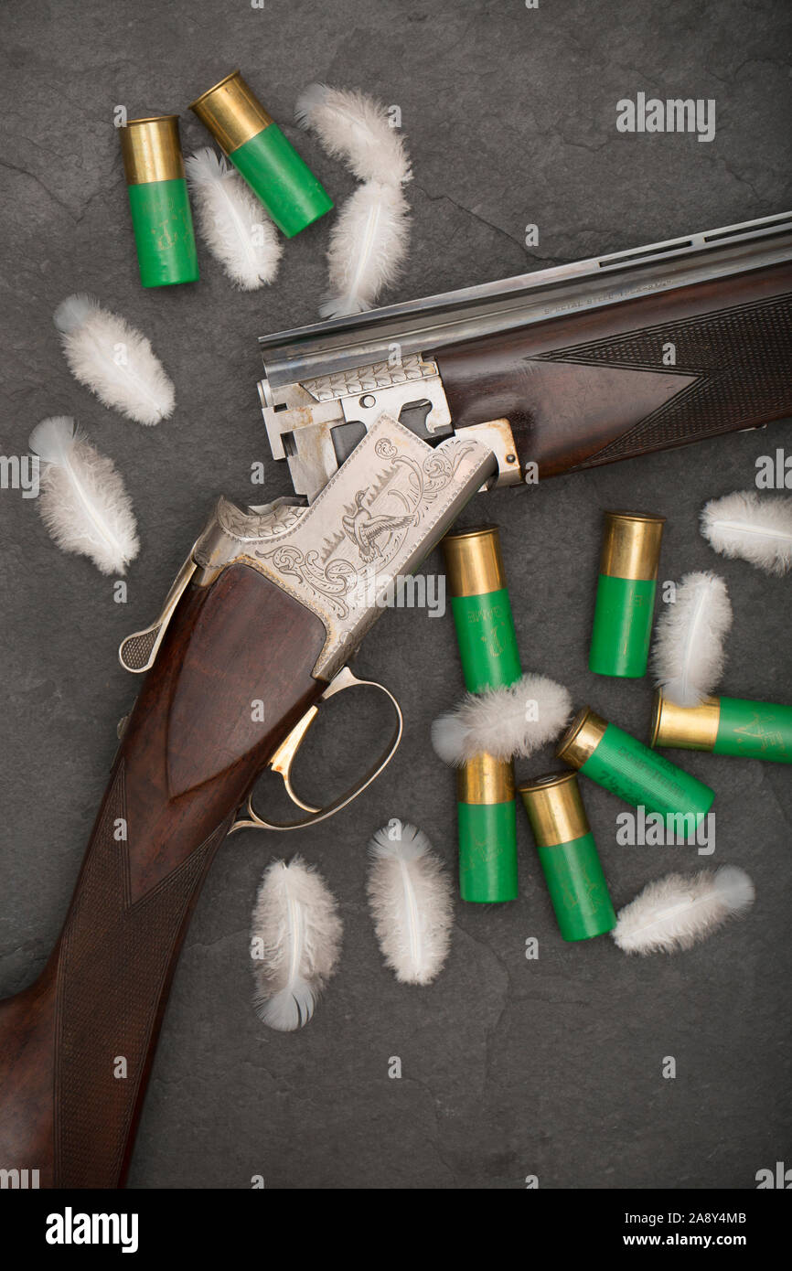 A studio photograph of a Browning B125 12-bore over-and-under shotgun ...