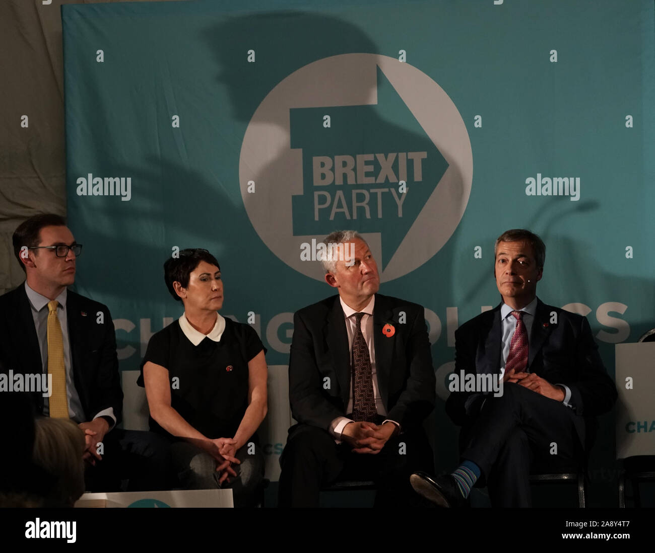 Brexit Party leader Nigel Farage (right) at a party rally in Sedgefield ...