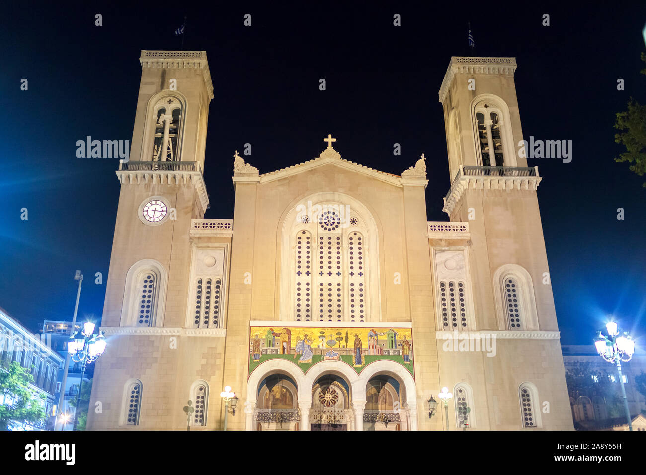 Metropolitan Cathedral of Athens at night. The facade Stock Photo - Alamy