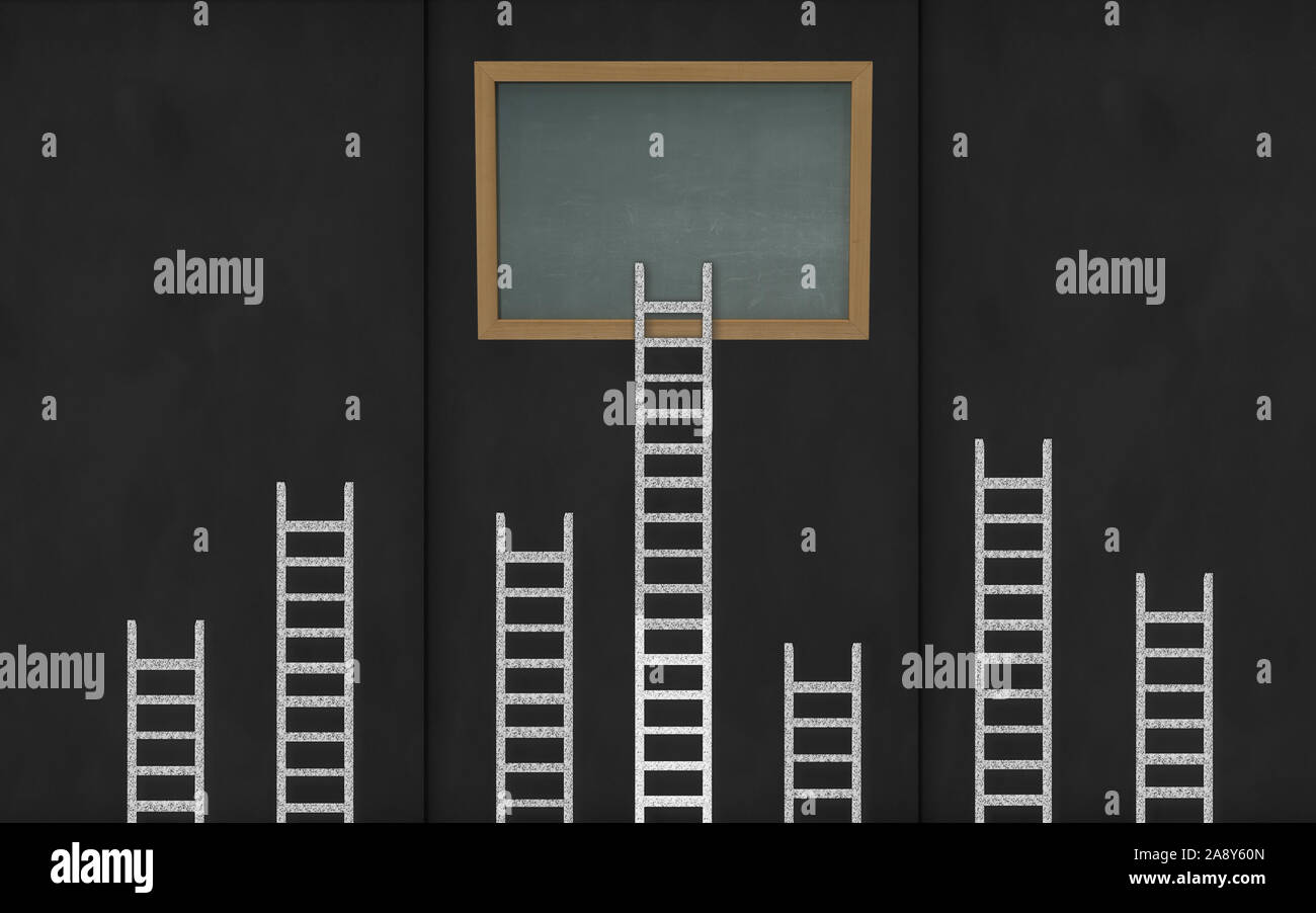 Trying to reach red balloons on top of ladders on blackboard concept ...