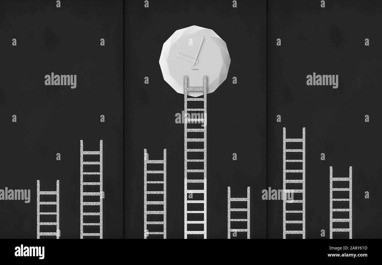 Trying to reach wall clock on top of ladders on blackboard concept ...