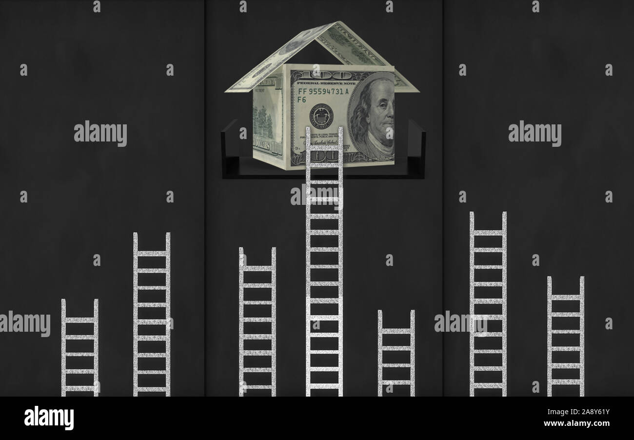 Trying to reach Hundred Dollar Bill on top of ladders on blackboard ...