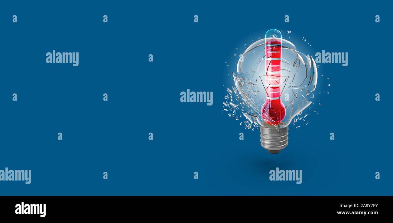 Temperature Meter is breaking a light bulb from inside against blue ...