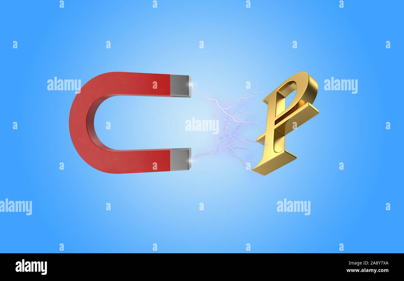 Russian Rubles Symbol is pulling by a red magnet against blue gradient ...