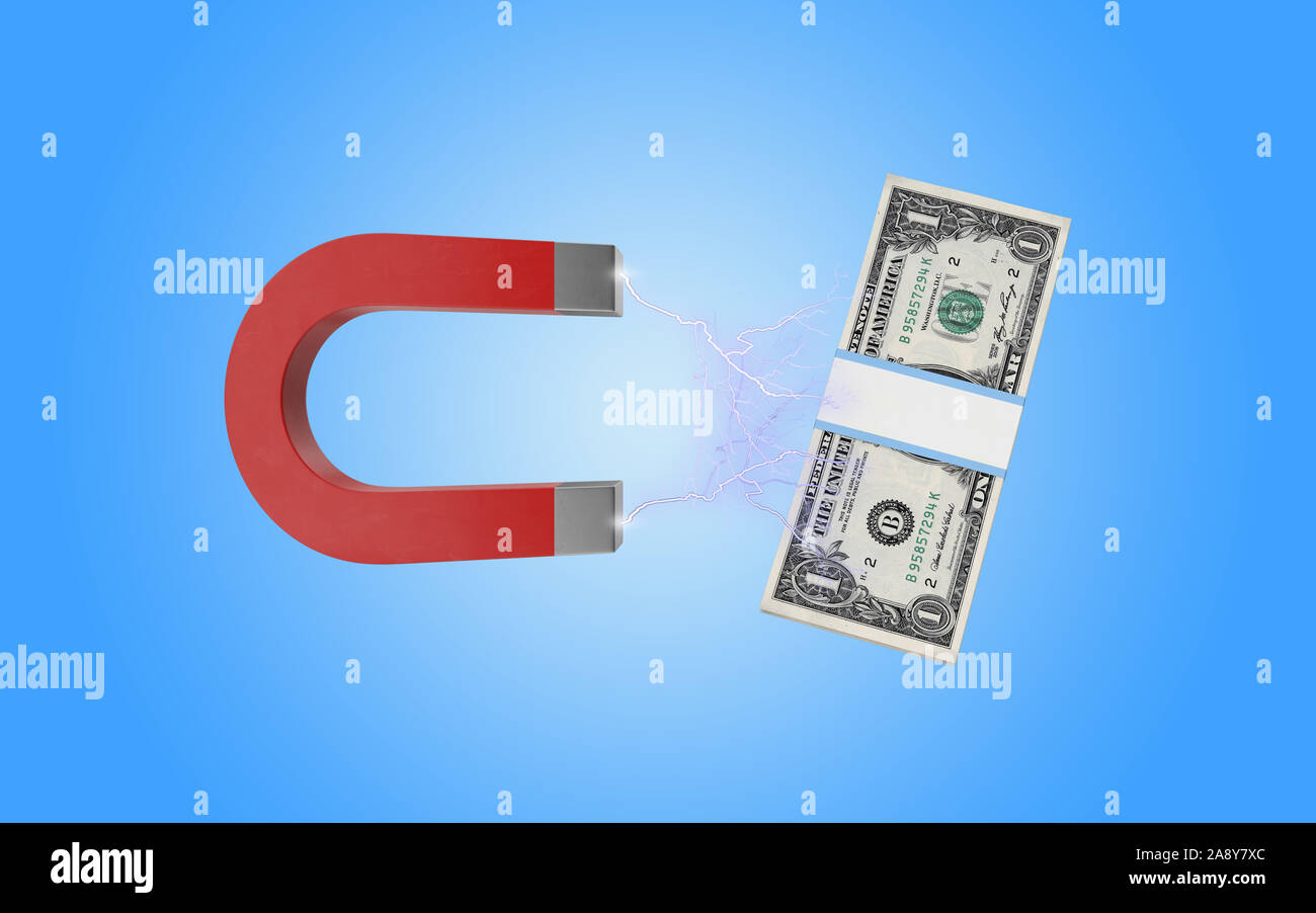 American One Dollar Bill is pulling by a red magnet against blue ...