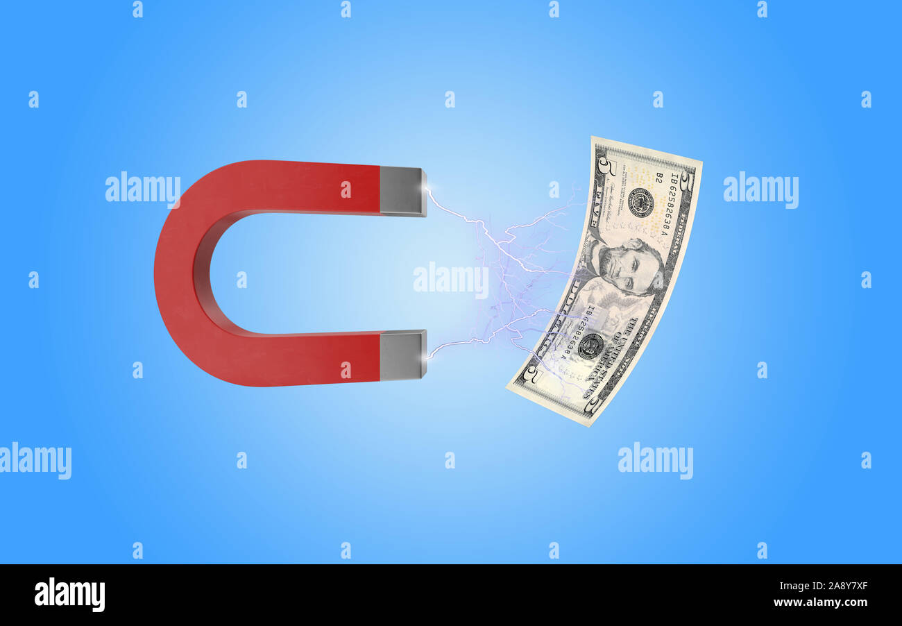 American Five Dollar Bill is pulling by a red magnet against blue ...