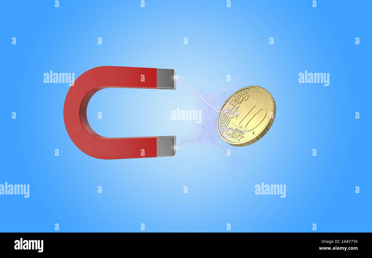 American Ten Cent Coin is pulling by a red magnet against blue gradient ...