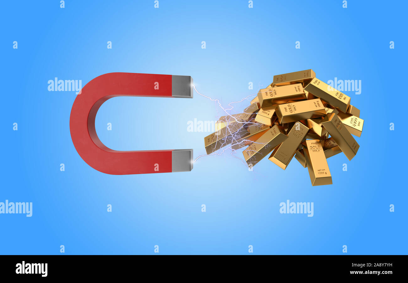 Gold Ingots are pulling by a red magnet against blue gradient ...