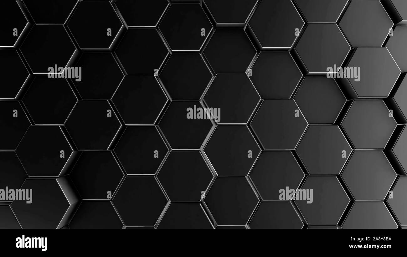 Dark hexagon geometry background. 3d illustration of simple primitives ...