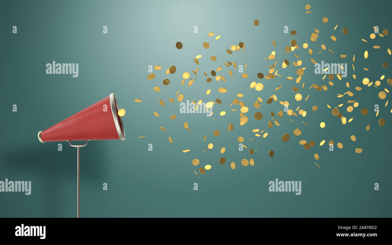 Gold Doubloons are coming out from a vintage red megaphone. 3D ...