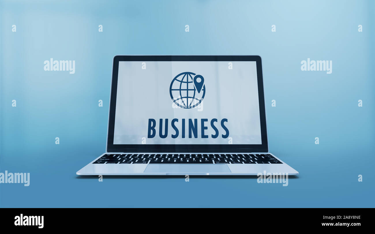 Globe symbol and Business text on a modern laptop computer screen. 3D ...
