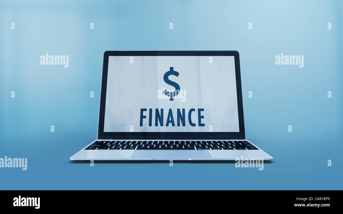 Dollar Sign and Finance text on a modern laptop computer screen. 3D ...