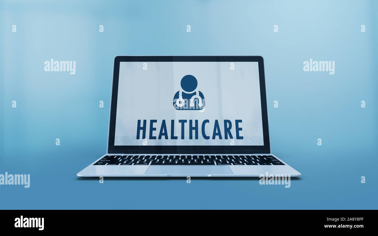 Doctor with Stethoscope Symbol and Healthcare text on a modern laptop ...