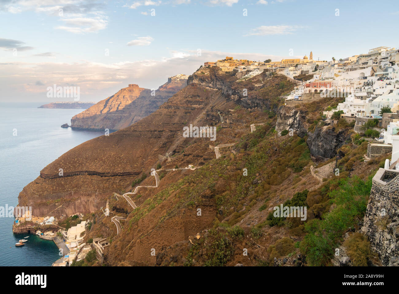 Picturesque landscape view of a Fira village, the capital of Santorini ...