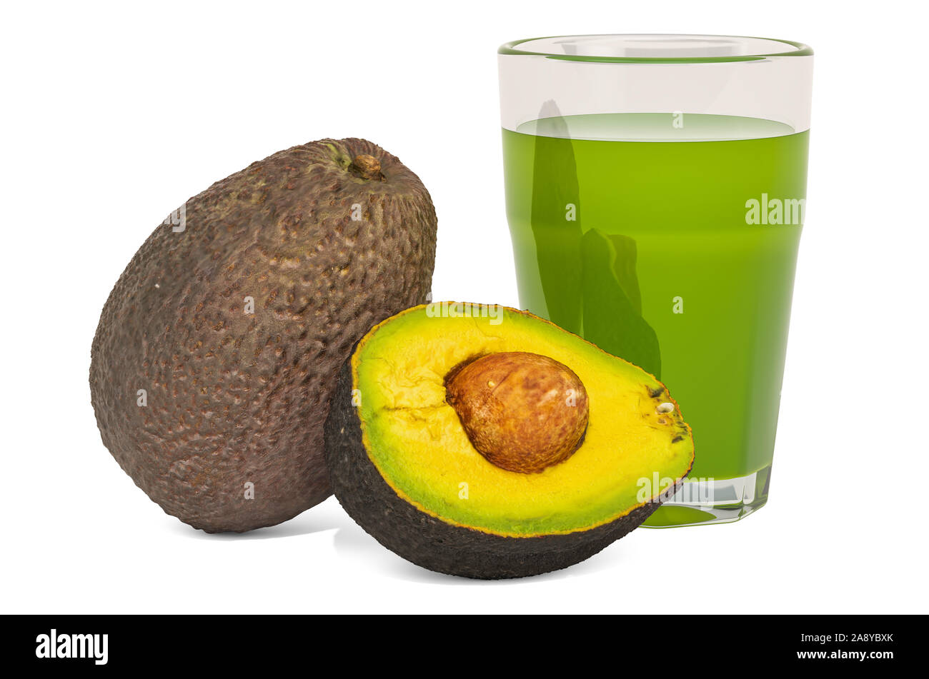 Glass of avocado juice with avocado, 3D rendering isolated on white ...
