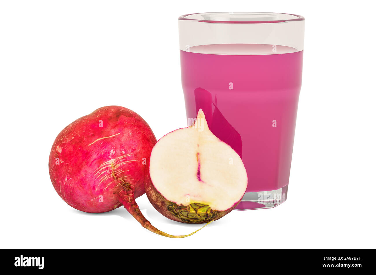 Glass of red radish juice with red radishes, 3D rendering isolated on ...