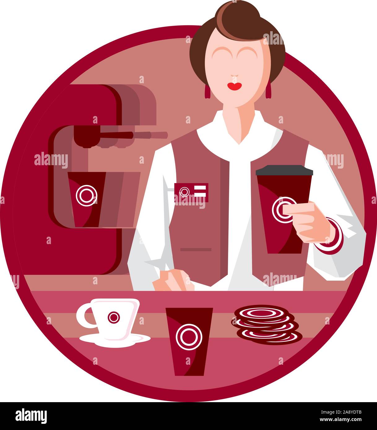 Barista woman at work, holding a coffee cup, flat vector icon ...