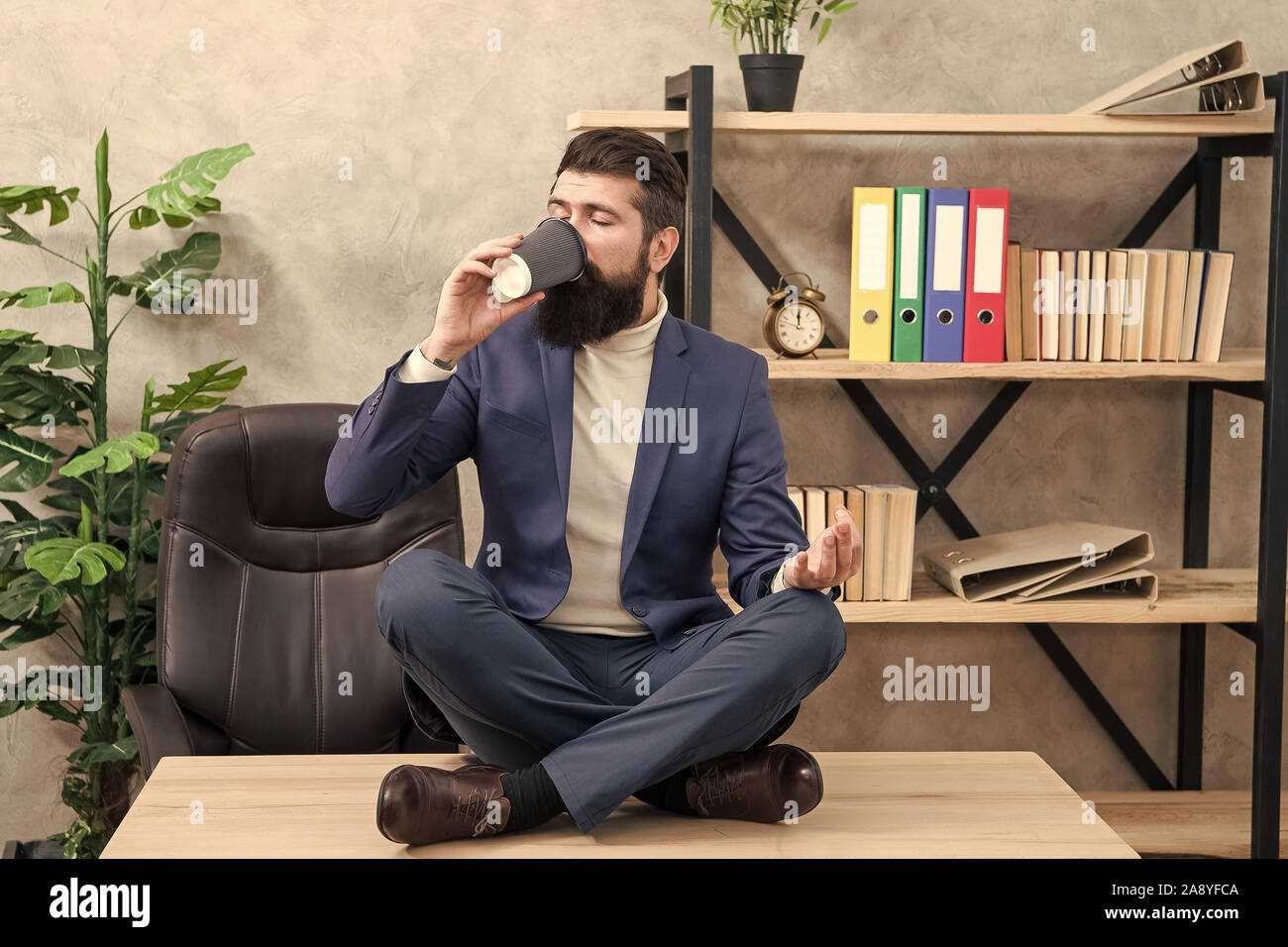 Relaxation techniques. Mental wellbeing and relax. Man bearded manager ...