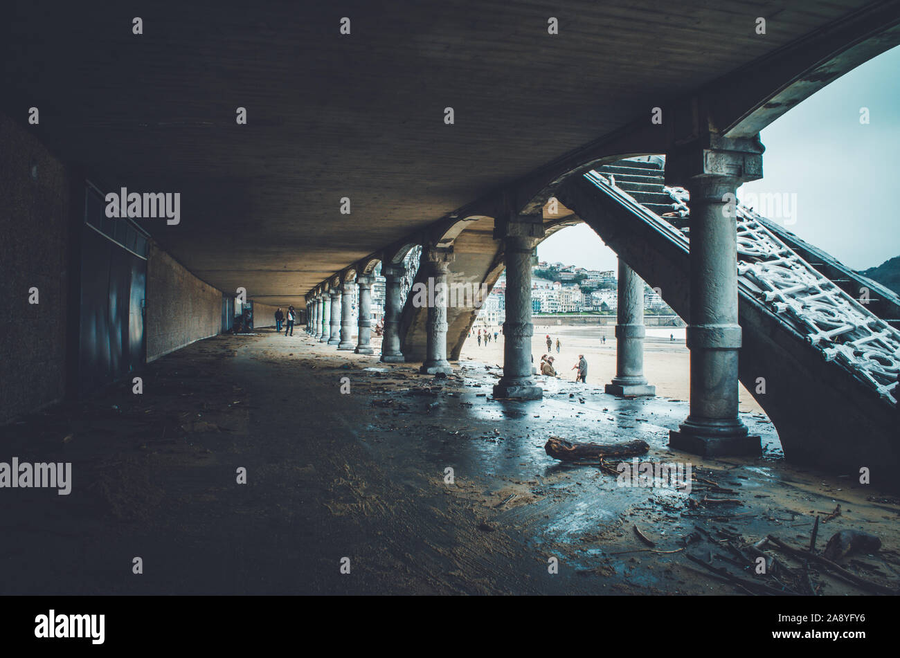 Destruction and remains of high tide in San Sebastian, Spain Stock ...