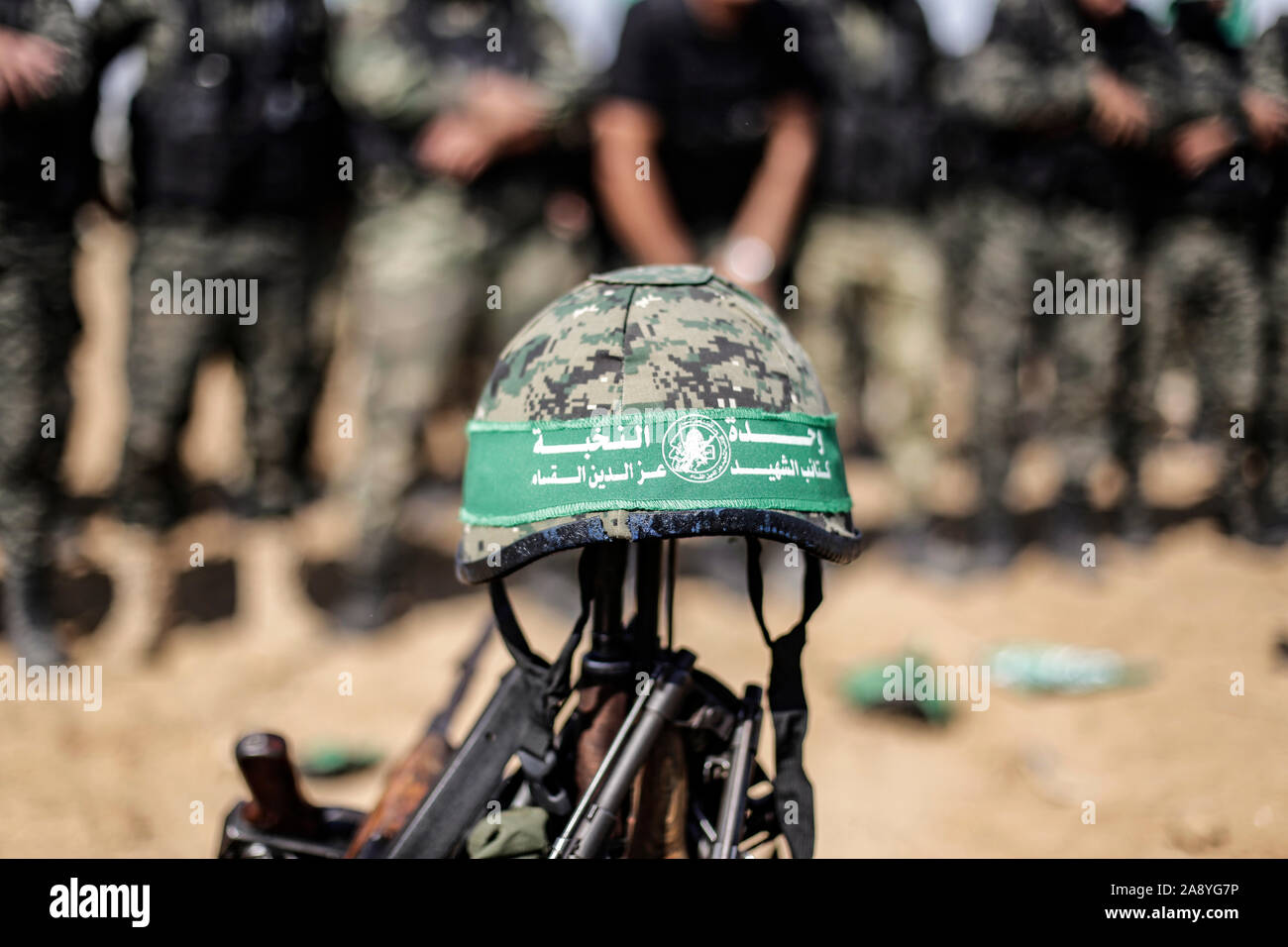 A helmet of a Hamas gunman was laid down in Khan Yunis in the southern ...