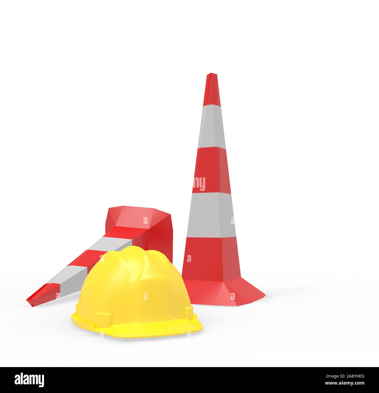 Traffic Cone barrier sign With Helmet 3D Rendering Stock Photo - Alamy