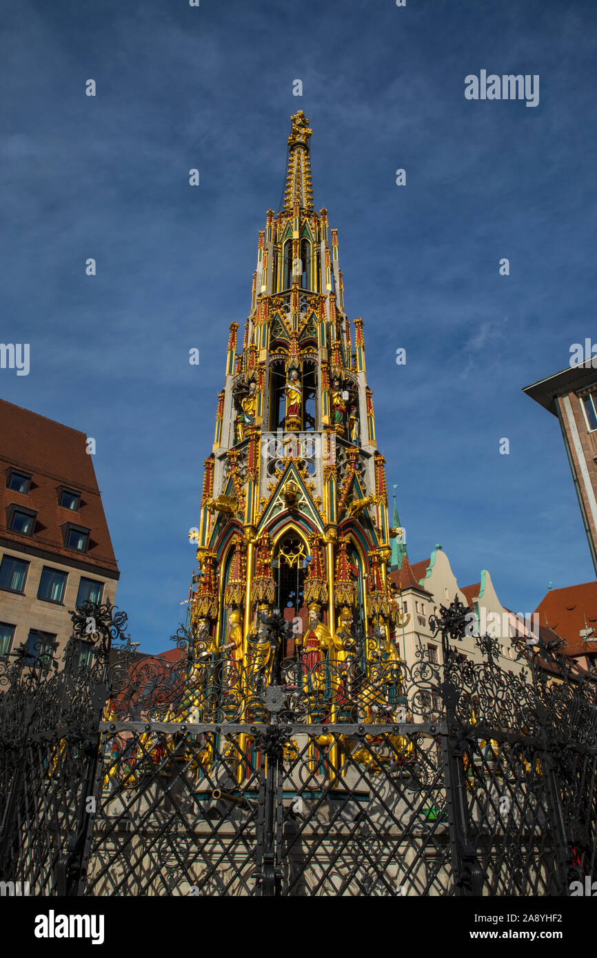 A view of the stunning Schoner Brunnen, known as the Beautiful Fountain ...