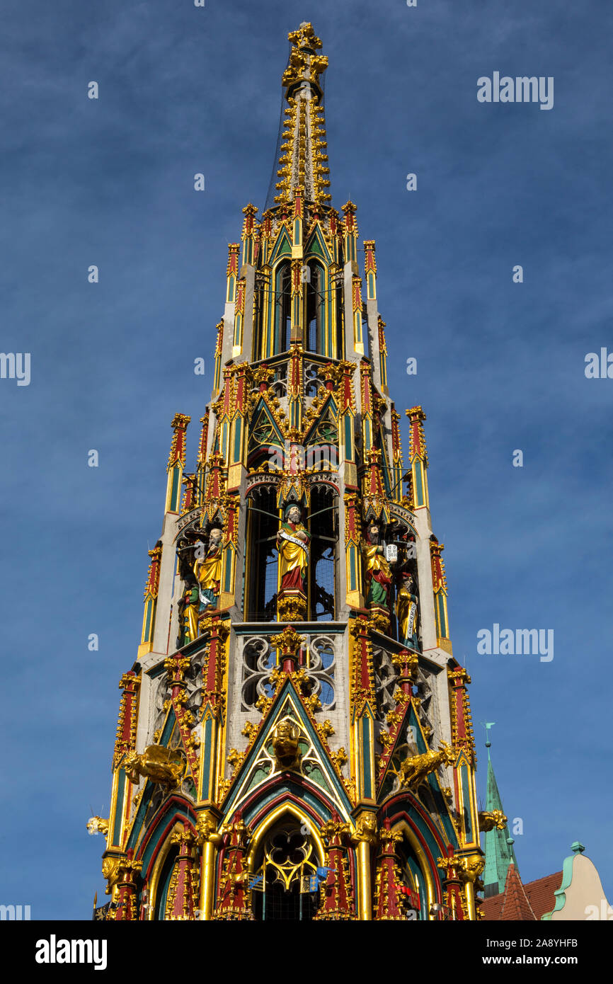 A view of the stunning Schoner Brunnen, known as the Beautiful Fountain ...