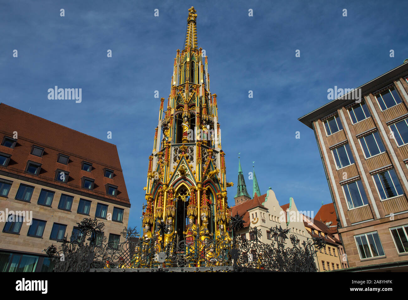 A view of the stunning Schoner Brunnen, known as the Beautiful Fountain ...
