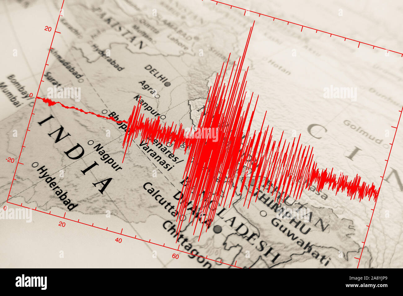 Red seismic wave over India map Stock Photo - Alamy