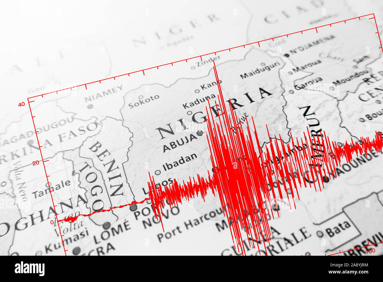 Red seismic wave over weastern Africa map Stock Photo - Alamy