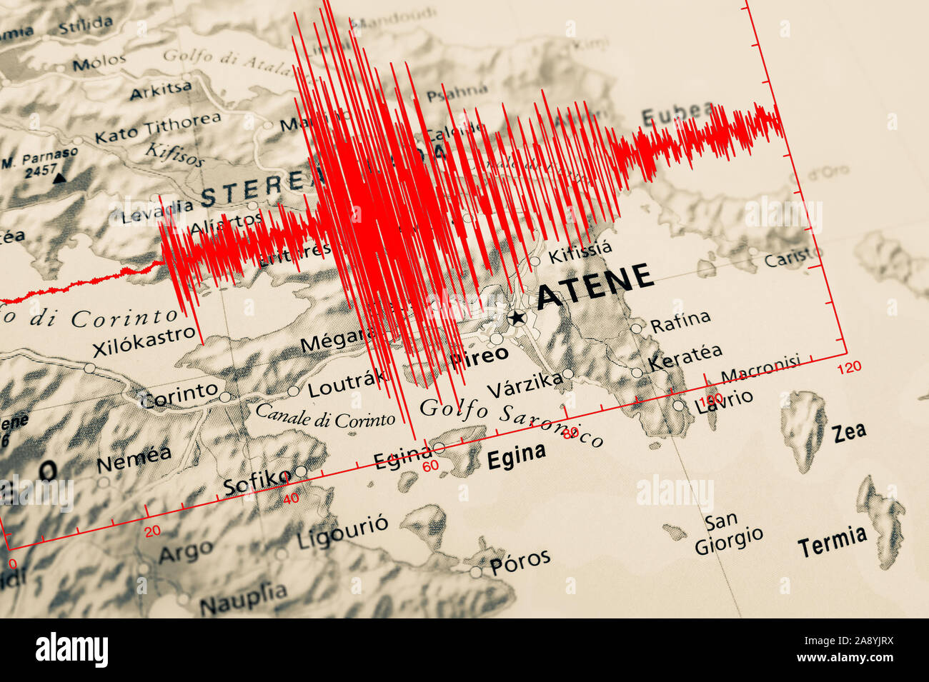 Red seismic wave over Greece map Stock Photo - Alamy