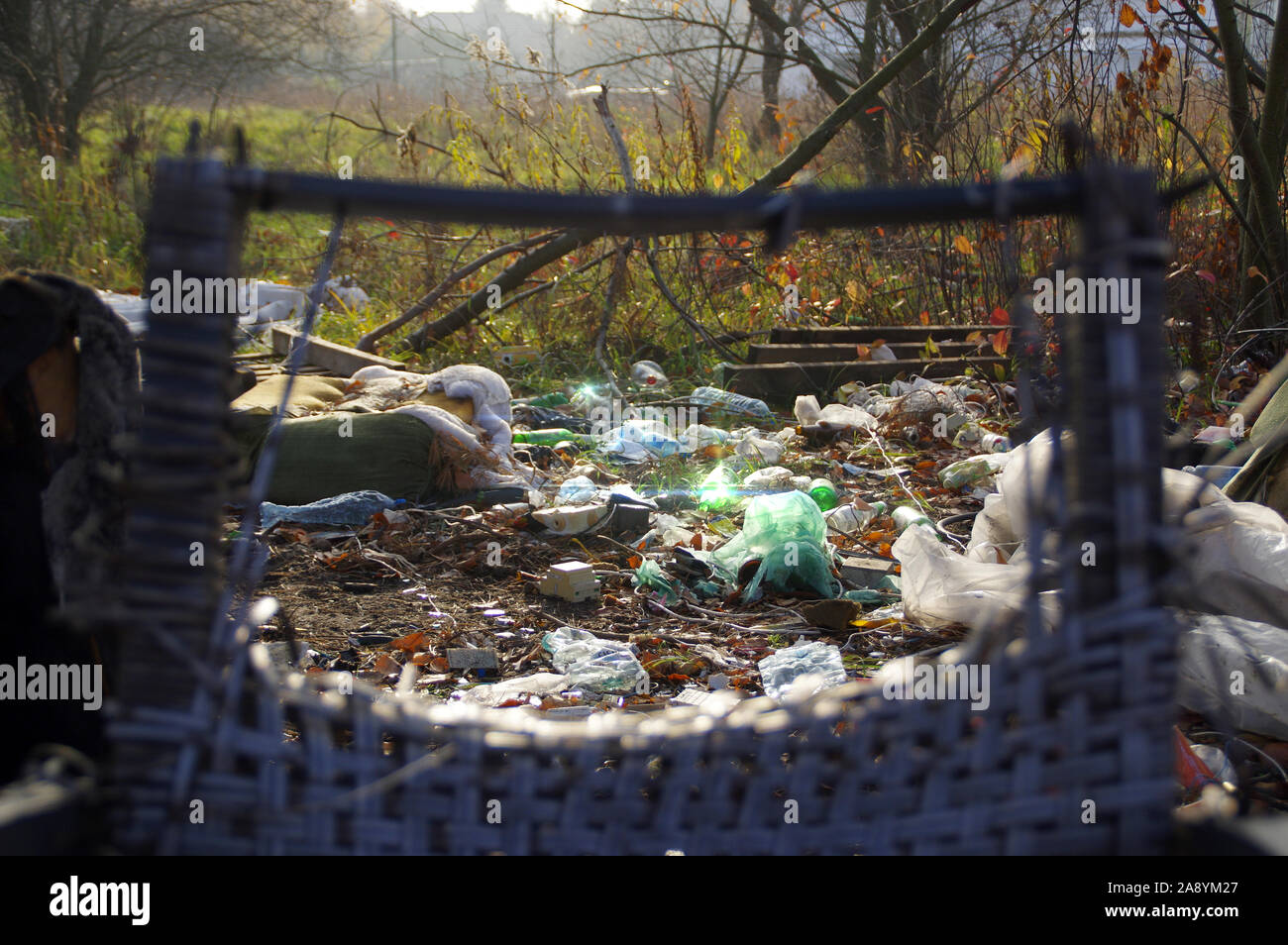 Heap of plastic garbage in the forest. Environmental protection concept ...