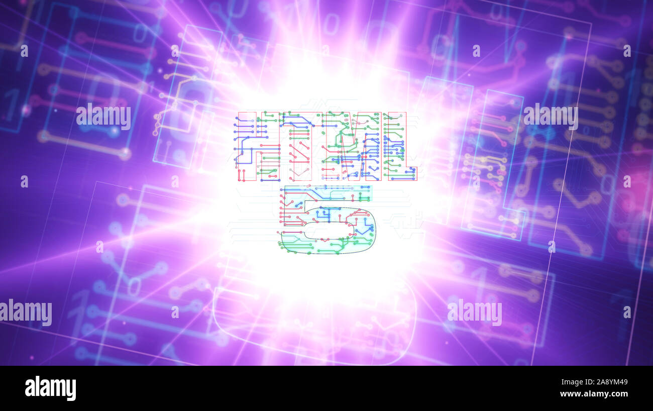 HTML5 symbol futuristic hologram 3D rendering illustration. Abstract ...