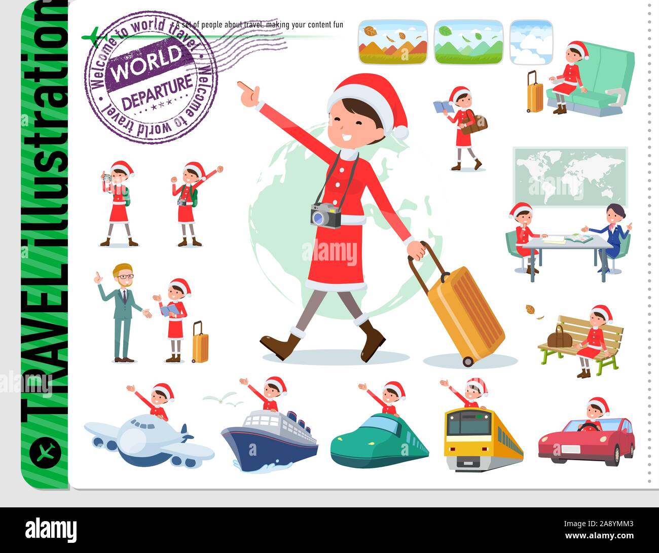 A set of Santa Claus costume women on travel.There are also vehicles ...