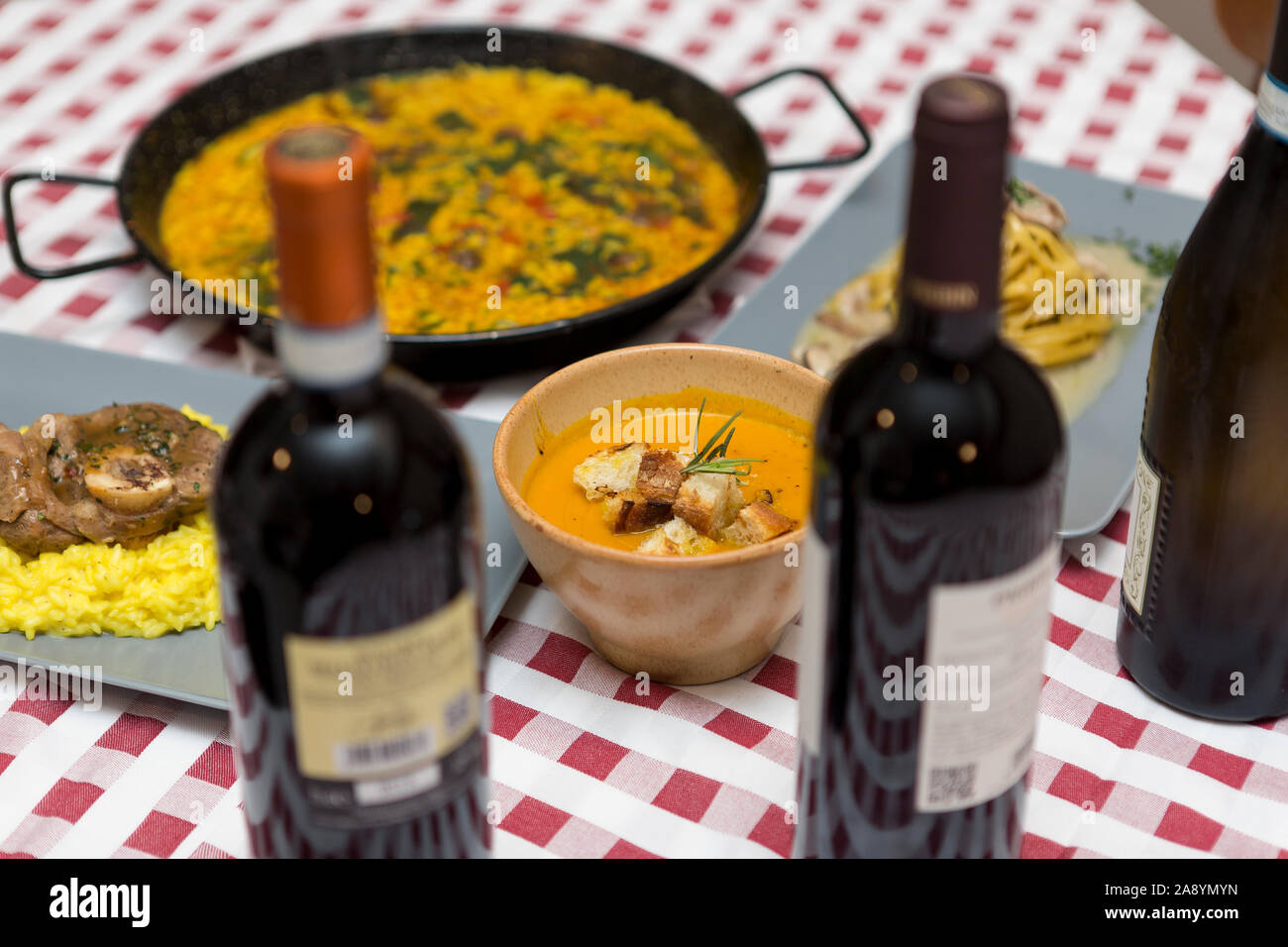 Detail of a prepared restaurant dinner table with miscellaneous recipes ...