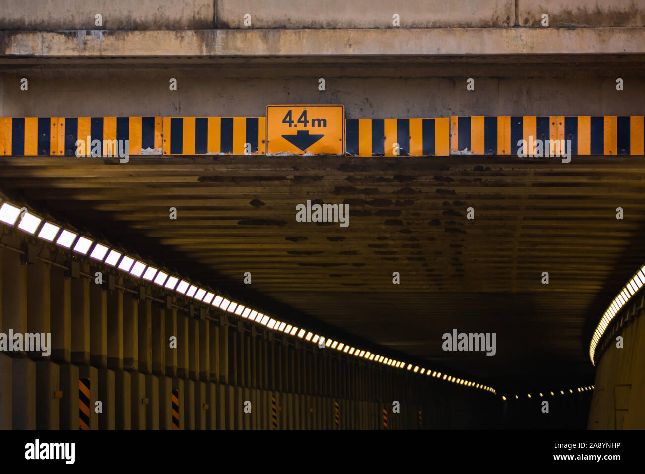 Close up of traffic warning for height maximum of tunnel or bridge ...