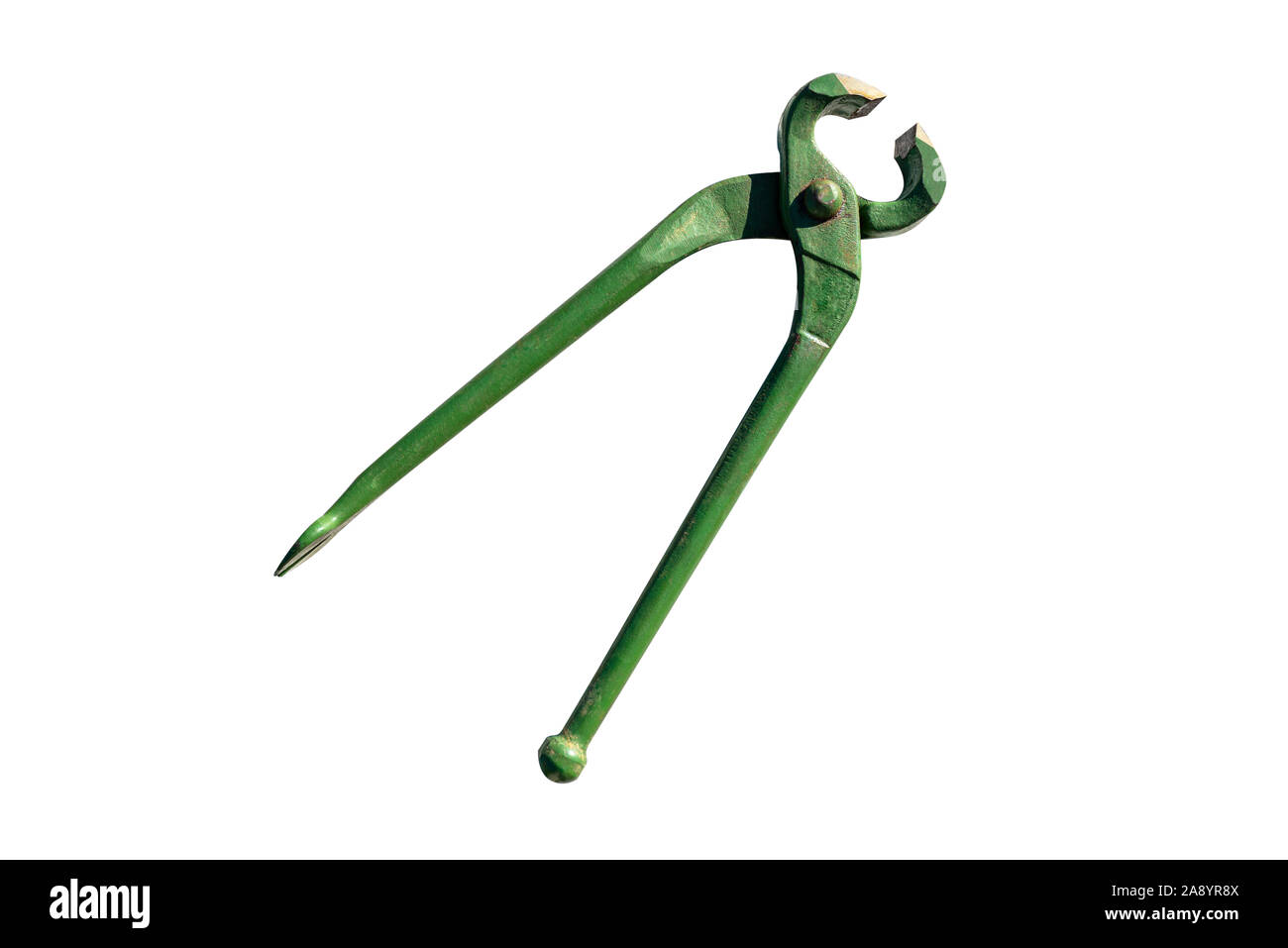 Old, classic metal pincers in green, isolated on a white background ...