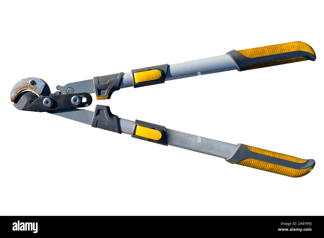 Big pruning shears with yellow handles, isolated on a white background ...