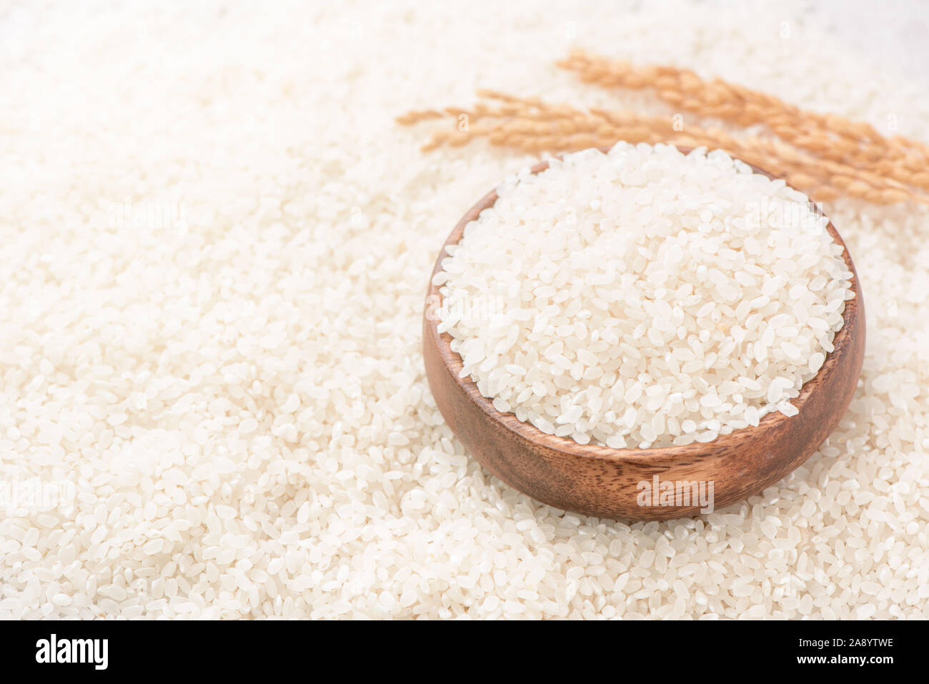 Raw white polished milled edible rice crop on white background in brown ...