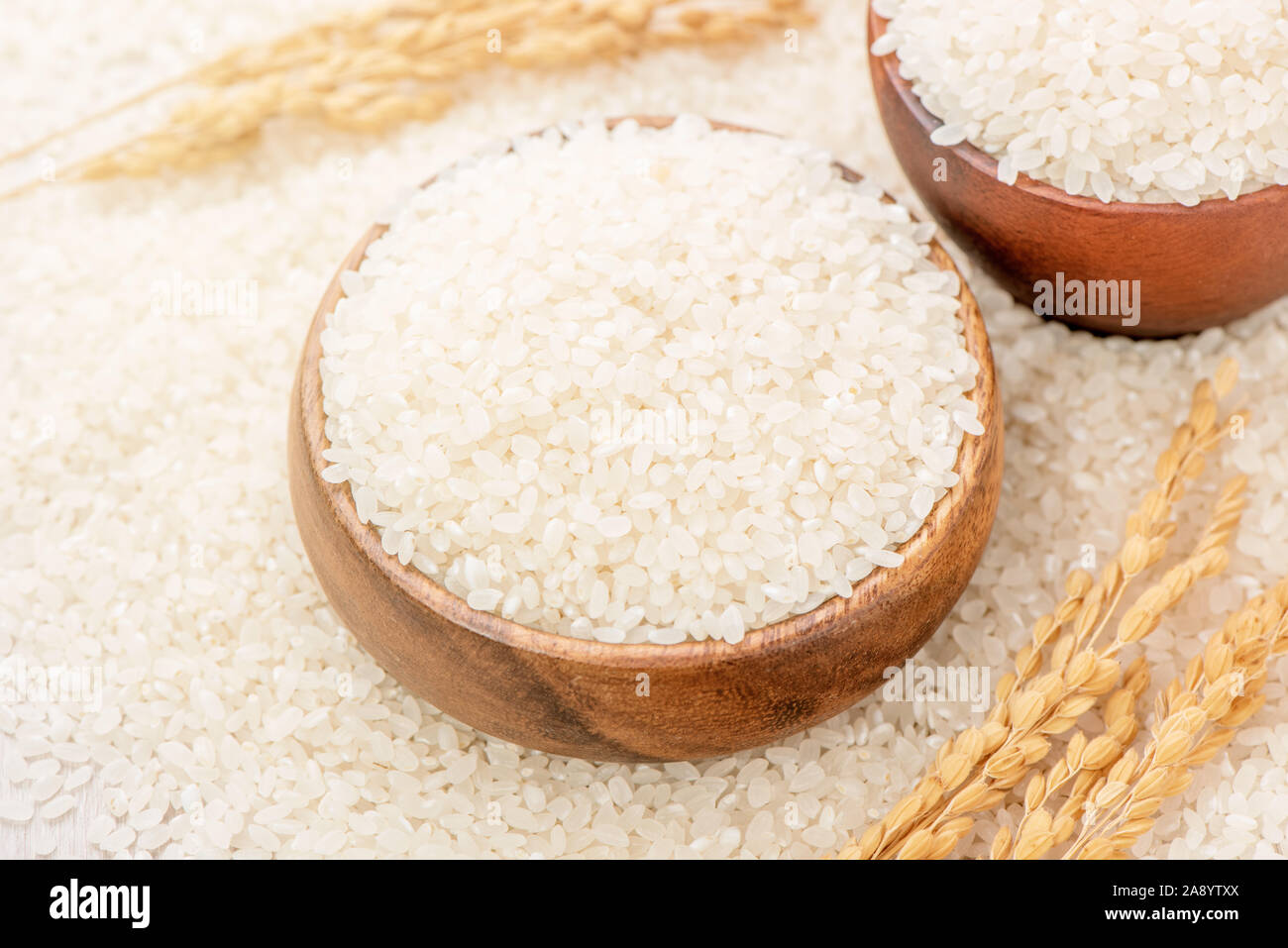 Raw white polished milled edible rice crop on white background in brown ...