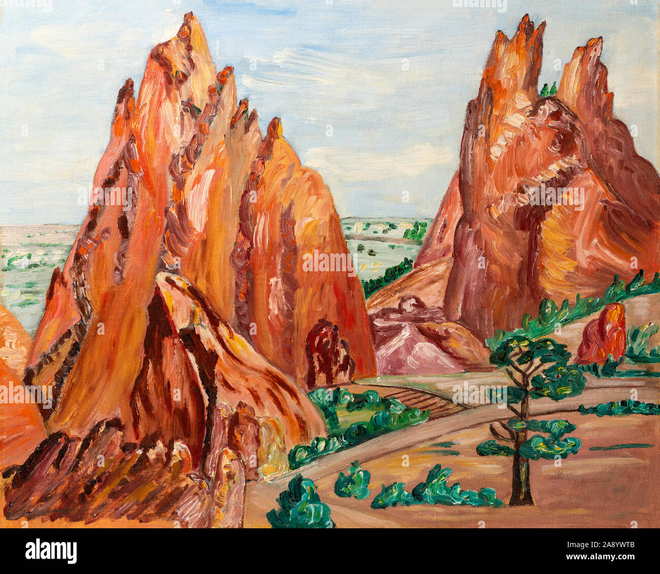 Naive style oil painting of the Cathedral Rock Trail in Sedona, Arizona ...