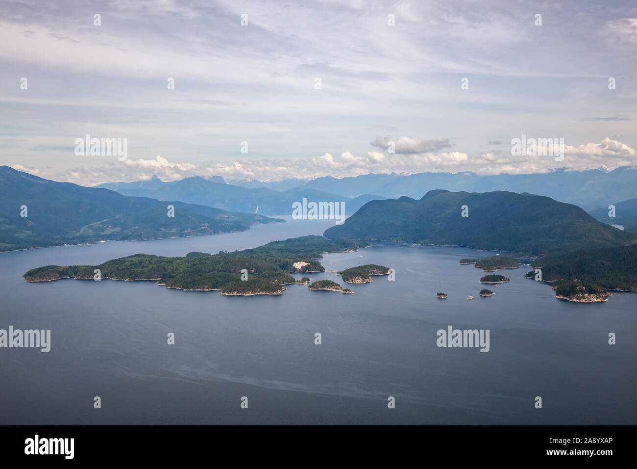 Aerial View of Hardy Island and Nelson Island with mountain landscape ...