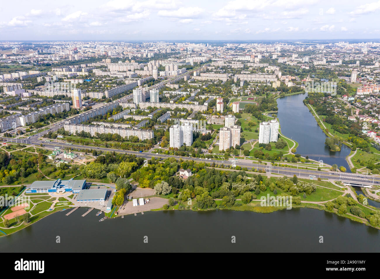 MINSK, BELARUS - SEPTEMBER 07, 2019: Aerial panoramic view of Minsk ...