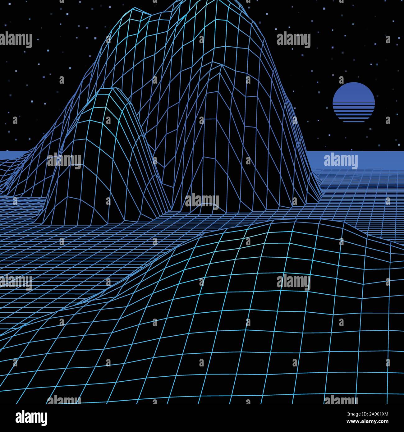 Landscape with wireframe grid of 80s styled retro computer game or ...
